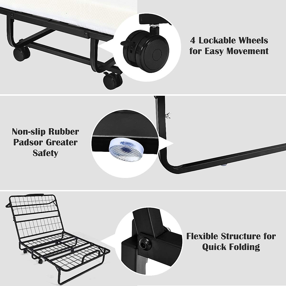 GORELAX Folding Bed with Mattress for Adults, Twin Size Small Portable Bed Set w/Metal Bed Frame & 4” Memory Foam Mattress, Foldable Bed Sleeping Cot Bed on Lockable Wheels, Rollaway Guest Bed