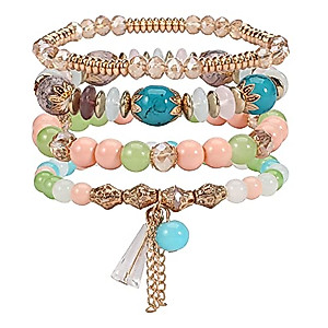 Twinfree 8 Sets Bohemian Stackable Bead Bracelets for Women Multilayered Bracelet Set Pendant Charm Stretch Bangles