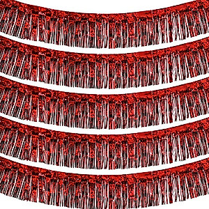 Blukey 10 Feet by 15 Inch Red Foil Fringe Garland - Pack of 5 | Shiny Metallic Tinsel Banner | Ideal for Parade Floats, Bridal Shower, Bachelorette, Wedding, Birthday, Christmas | Wall Hanging Drapes