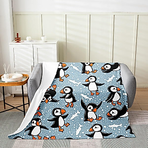 jejeloiu Cute Puffin Blanket 40"x50" Puffin Bird Drawing Plush Throw Blanket, for Kids Boys Girls Decor Cute Animal Fishing Flannel Fleece Blanket Microfiber Snowflake Bedroom