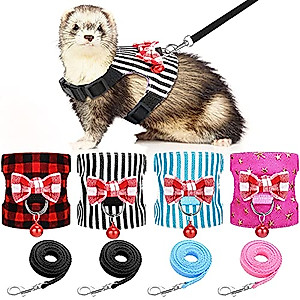 4 Pieces Small Pet Harness Vest and Leash Set with Cute Bowknot and Safe Bell Decor Chest Strap Harness for Outdoor Walking Rabbit Ferret Guinea Pig Bunny Hamster Puppy Kitten (Small)