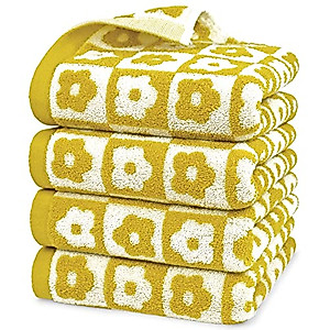 4 Pack Cotton Hand Towels for Bathroom Kitchen - Soft and Quick Drying Face Towels Checkered Floral Yellow, 410 GSM, 29” x 13”