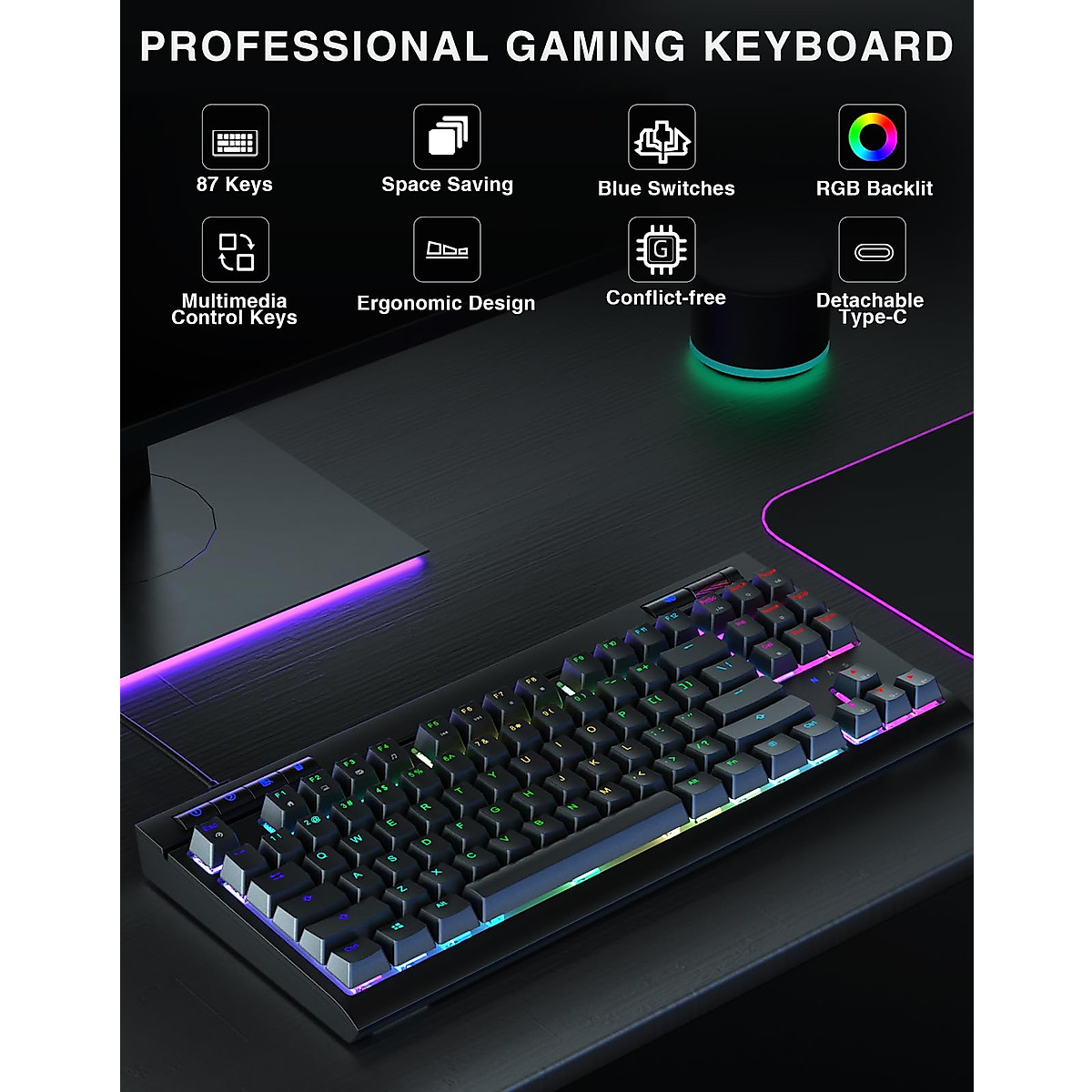 GOYIGO Mechanical Keyboard Clicky Blue Switches,75% TKL RGB Backlit Gaming Keyboard,Full Keys Anti-ghosting Programmable,USB-C Wired Computer Keyboards for PC/Mac,Black