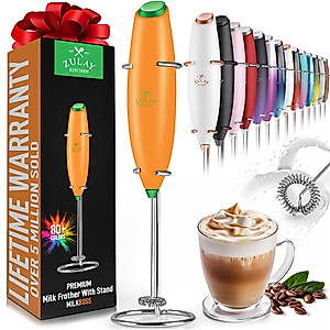 Zulay Powerful Milk Frother Handheld Foam Maker for Lattes - Whisk Drink Mixer for Coffee, Mini Foamer for Cappuccino, Frappe, Matcha, Hot Chocolate by Milk Boss (Orange/Green)