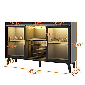 Gyfimoie Modern Wine Bar Cabinet with LED Light, Home Coffee Cabinet w Wine Rack and Glass Holder, Kitchen Sideboard Buffet Cabinet w Storage Shelf, Freestanding Liquor Cabinet w Glass Door (Black)