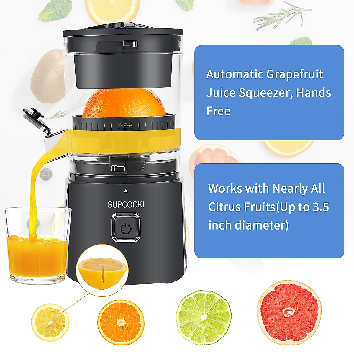 SUPCOOKI Electric Citrus Juicer Hands Free, Automatic Juicer Machine with Cleaning Brush, Orange Lime Grapefruit Juicer Squeezer, One Touch Operation, Easy to Clean Juice Maker(Black)