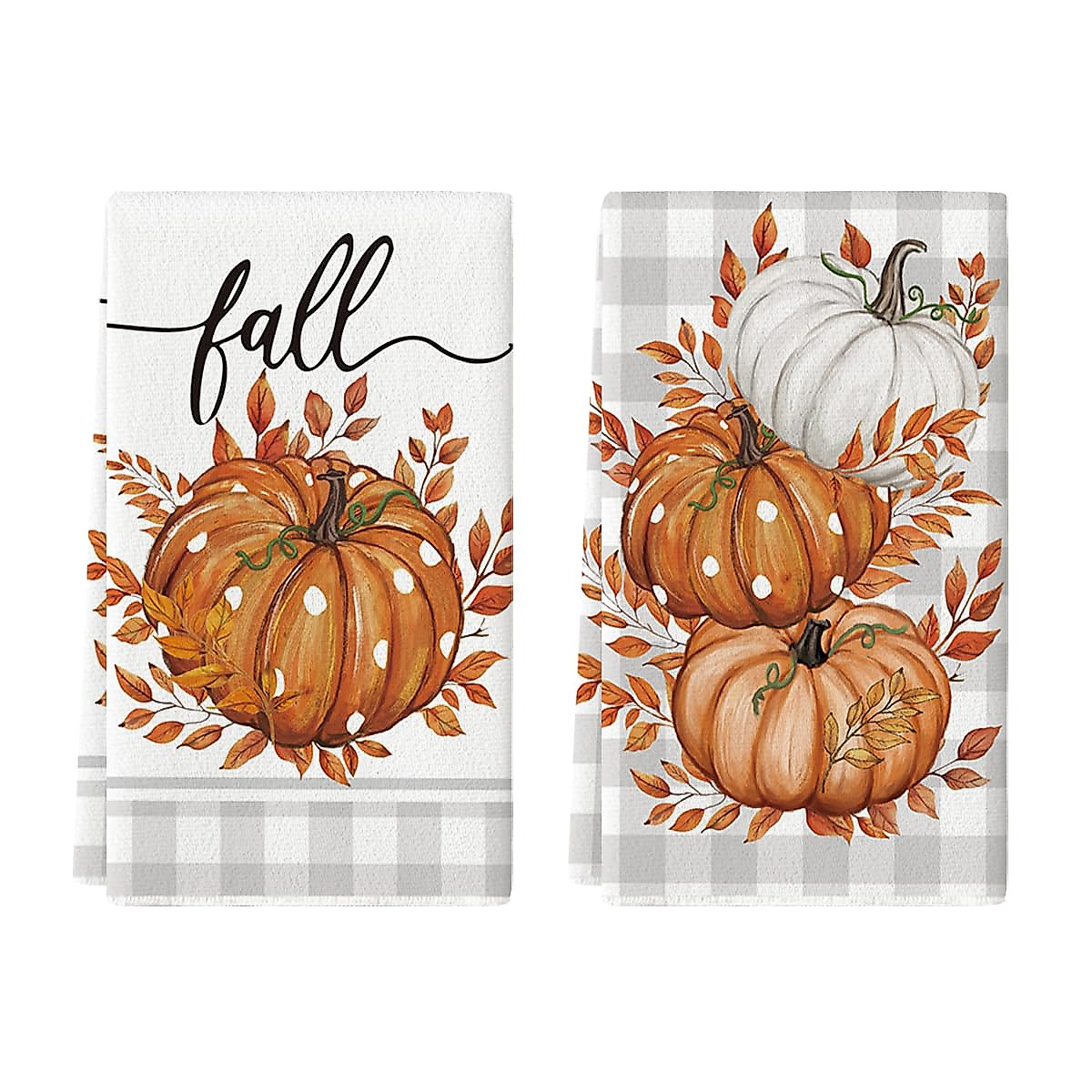 Artoid Mode Orange Buffalo Plaid Leaves Pumpkin Fall Kitchen Towels Dish Towels, 18x26 Inch Farmhouse Decoration Hand Towels Set of 2