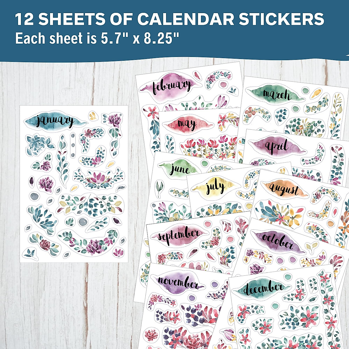 Transparent Monthly Planner Stickers - 12 Clear Sticker Sheets with Beautiful Watercolor Stickers & Undated Calendar Sticker Months - Planner, Scrapbooking and Journaling Supplies (Floral)