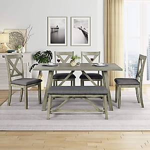 Prohon Wood 6 Piece Dining Set with 60" L Rectangular Table, Multifunctional Soft Bench and 4 X-Shaped Highback Chairs, Farmhouse Rustic Style Kitchen Furniture for Living Room/Apartments, Gray