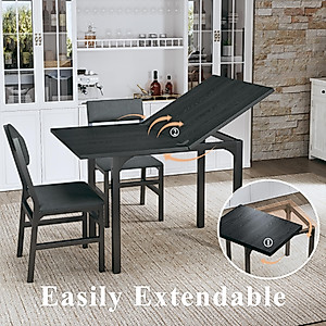 HUAHUU Dining Table Set for 4, Extendable Kitchen Table Cushion Chairs Set of 4, Rectangle Dining Table with Metal Frame & MDF Board, Folding for Small Apartment Saving Space, Black
