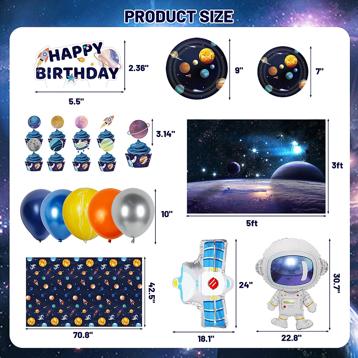 162PCS Outer Space Birthday Party Supplies, Space Themed Party Decorations Include Banner, Balloons, Backdrop, Hanging Swirls, Tablecloth, Plates, Cake Toppers for Kids Birthday Decorations