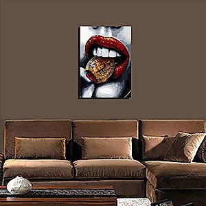Red Lips Series: 【Luxury】-Spray Painting Core Modern Fashion Sexy Red Lips Nordic Style Room Decoration Painting Sofa Background HD Wall Painting Set of 3（11.8"X15.75")【No Fram