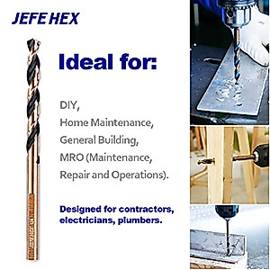 JEFE HEX 1/2" Dia. 5" OAL HSS Twist Drill Bit, General Purpose, 3-Flat Shank, Black and Gold Finished, 135 Degree Split Point, Ideal for Steel/Wood/Copper/Aluminum/Zinc Alloy/Plastic. (2-Piece)