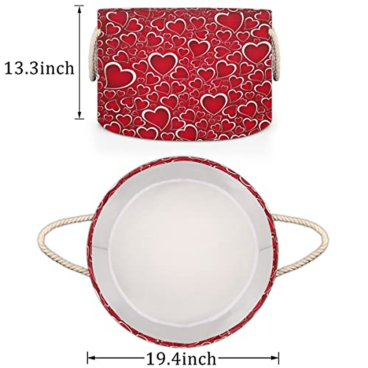 Valentine's Day Red Hearts Large Round Baskets for Storage Laundry Baskets with Handles Blanket Storage Basket for Bathroom Shelves Bins for Organizing Nursery Hamper Girl Boy