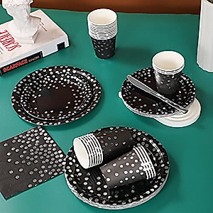 Gudvilla 200Pcs Black & Silver Dot Party Dinnerware for Graduation, Birthday, Retirement & Anniversary