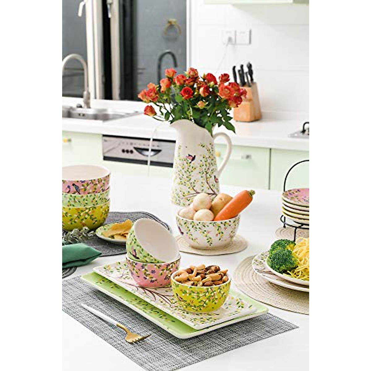 Bico Bird On Tree Ceramic 2.5 Quarts Pitcher with Handle, Decorative Vase for Flower Arrangements, Dishwasher Safe