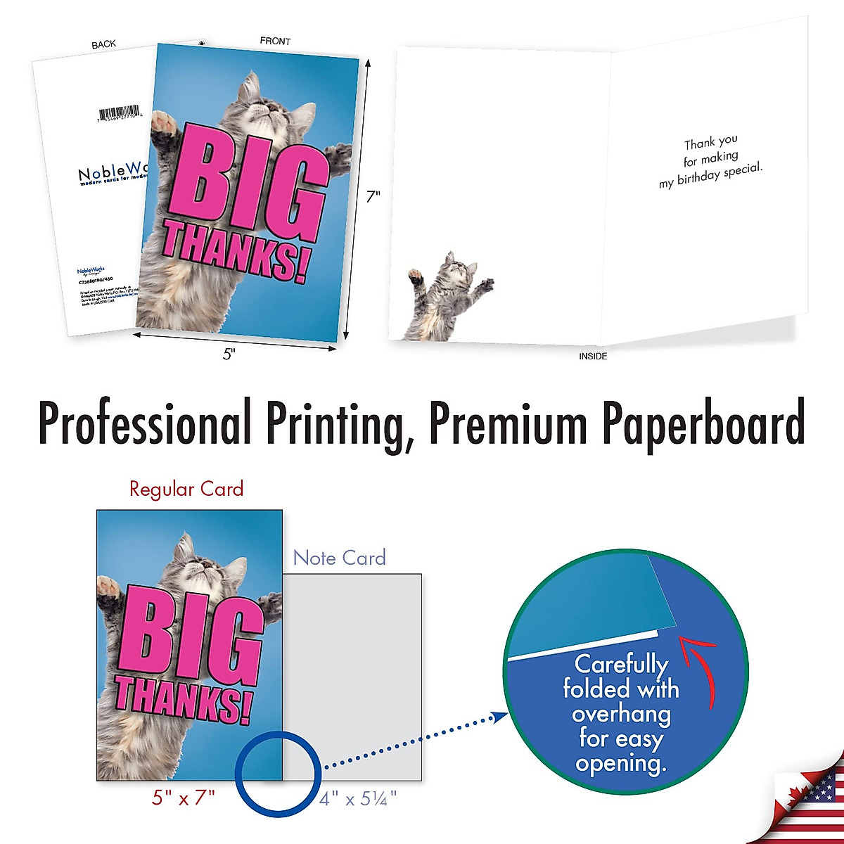 NobleWorks Birthday Thank You Paper Card with 5 x 7 Inch Envelope (1 Card) Cat Big Thanks C2368DTBG
