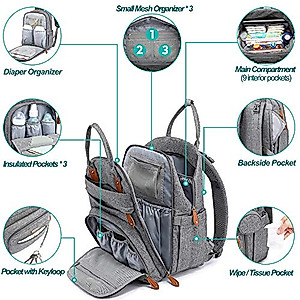 BabbleRoo Diaper Bag Backpack, Nappy Changing Bags Multifunction Waterproof Travel Back Pack with Changing Pad & Stroller Straps & Pacifier Case, Unisex and Stylish (Gray)