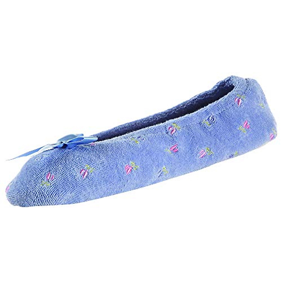 isotoner womens Embroidered Terry Ballerina Slippers Flat Sandals, Periwinkle Soft Tie Bow, 6.5-7.5 US