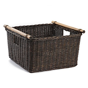 The Basket Lady Deep Pole Handle Wicker Storage Basket, Small, 11.5 in L x 11.5 in W x 8 in H, Antique Walnut Brown