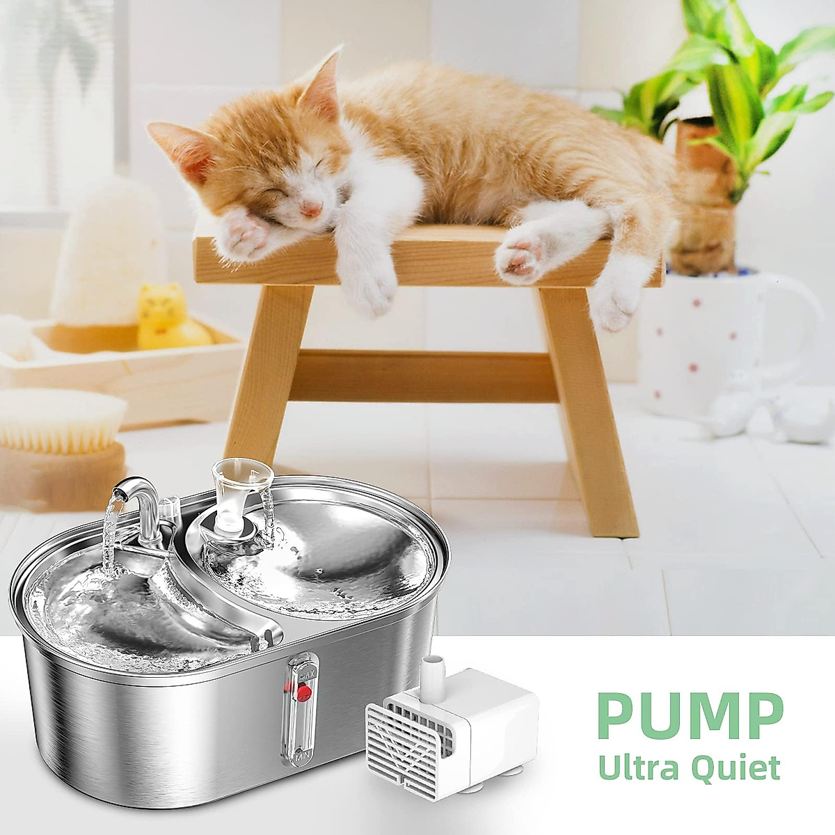 Cat Water Fountain Stainless Steel, 3L/102oz Automatic Pet Water Fountain for Cats Inside, 2-in-1 Cat Water Fountain and Food Bowl with Visible Water Level, Pet Drinking Dispenser for Cats Small Dogs
