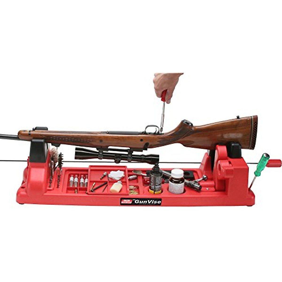 MTM GV30 Gun Vise for Gunsmithing work and Cleaning Kit, Free Standing, 11 Compartments, USA Made, Red