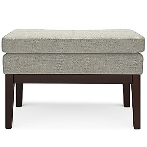 SIMPLIHOME Carlson Ottoman Bench in Greige, 15"H x 26.4"W x 17.5"D, Solid Pine Wood Frame with Dark Walnut Legs, Compact Seating for Living Room