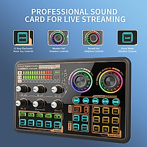 Hosabely Sound Effects Board, Audio Interface with Voice Changer and LED Lights, Live Sound Board for PC Phone Microphone, Audio Mixer for Karaoke, Streaming, Recording, Gaming