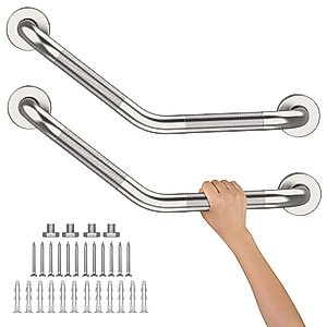 16 Inch Angled Shower Grab Bar, Munzong 2 Pack Anti Slip Satin Brushed Nickel Bathroom Grab Bar, Knurled Bathroom Balance Bar,Safety Hand Rail Support Handicap Elderly Injury Senior Assist Bath Handle