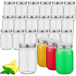 Gerrii 24 Pieces 16 oz Clear Plastic Mason Jars with Lids Refillable Mason Cocktail Cup Empty Canning Overnight Oats Container Plastic Candy Storage Jars Containers for Honey Spices Herbs