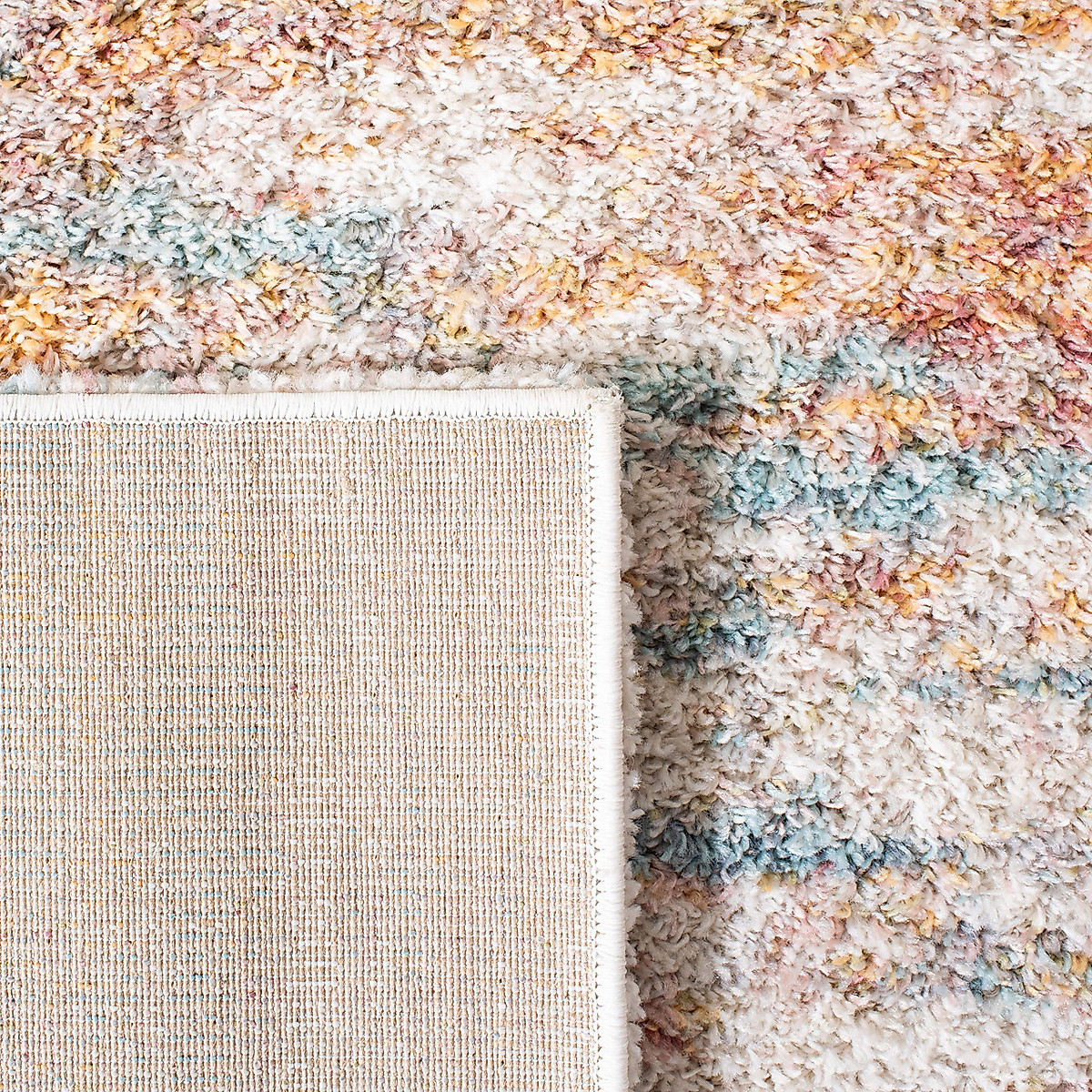 SAFAVIEH Calista Shag Collection 5'5" x 7'7" Beige / Aqua CAL112B Abstract Non-Shedding Living Room Bedroom Dining Room Entryway Plush 1-inch Thick Area Rug