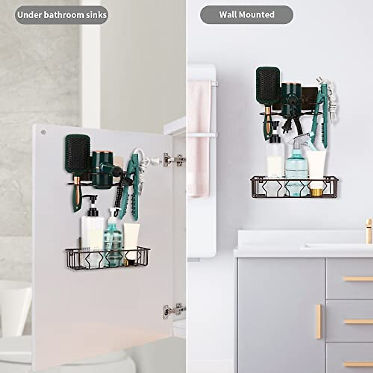 Jashlife Hair Dryer Holder Wall Mounted, Pasteable Installation, Blow Dryer Holder Wall Mount, Be Used Separately, Hair Tool Organizer Wall Mount, Hot Styling Bathroom Storage Basket for Curling Wand