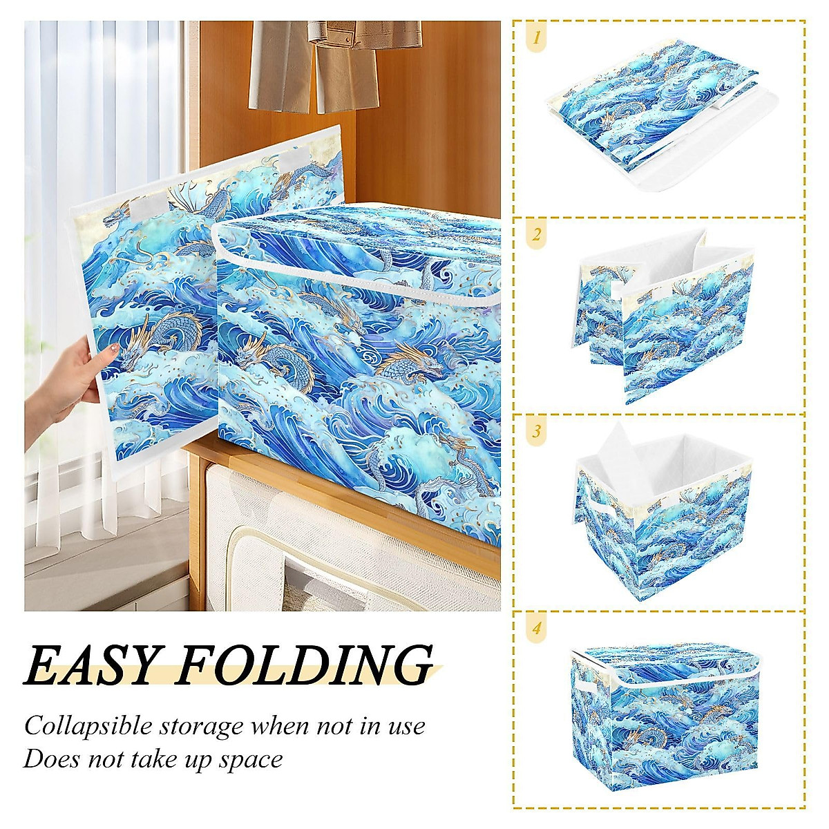 YETTASBIN Chinese Dragon Storage Basket with Lid and Handles, Large Collapsible Fabric Storage Bins Sturdy Storage Organizer for Shelves, Closet, Bedroom, School, Office, Home Decor