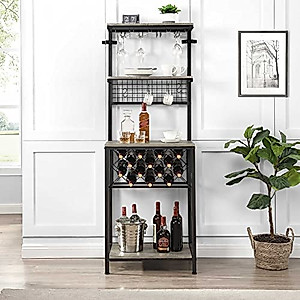 O&K FURNITURE Freestanding Wine Bar Cabinet with Glass Holder, Wine Rack Free Standing Floor, Multifunctinal Wine Cabinet Bar Furniture for Kitchen Dining Room (Gray Finsih)