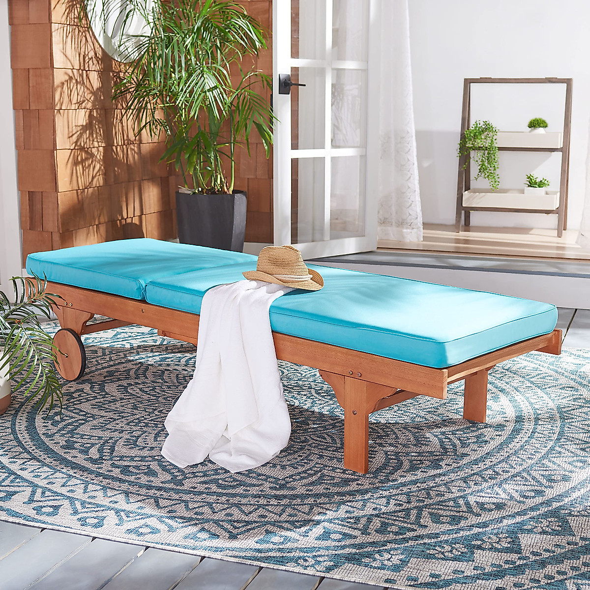 SAFAVIEH Outdoor Collection Newport Natural/ Aqua Cushion Built-in Side Table Adjustable Chaise Lounge Chair