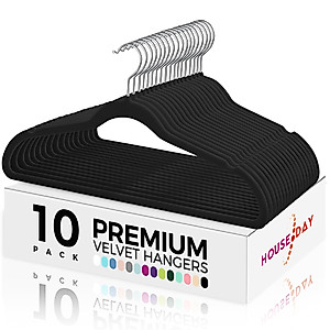 HOUSE DAY Premium Velvet Clothes Hangers Non-Slip Flocked Felt Hangers Heavy Duty Durable Coat and Suit Hangers | Vibrant Color Hangers | Lightweight Space Saving Hangers (10 Pack, Black)