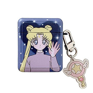 LUCKESSA Girls Women Beautiful Purple Star Sailor Moon Girl Pattern Earphone Case for AirPods 1/2, Soft IMD Sailor Moon Lightweight Rechargeable Earbud Cover Protective Skin +Magic Wand Keychain