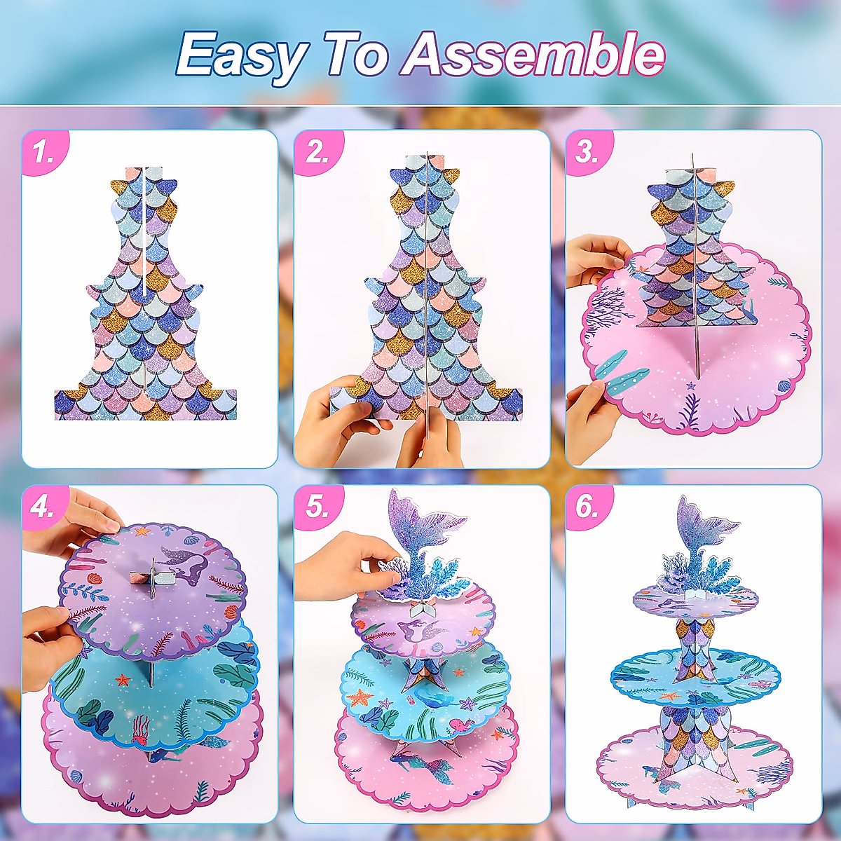 BACUTHY 2 Pack Mermaid Cupcake Stand Birthday Party Decorations, Under The Sea Supplies Favors with Mermaid Tail Toppers for Little Girl, Baby Shower