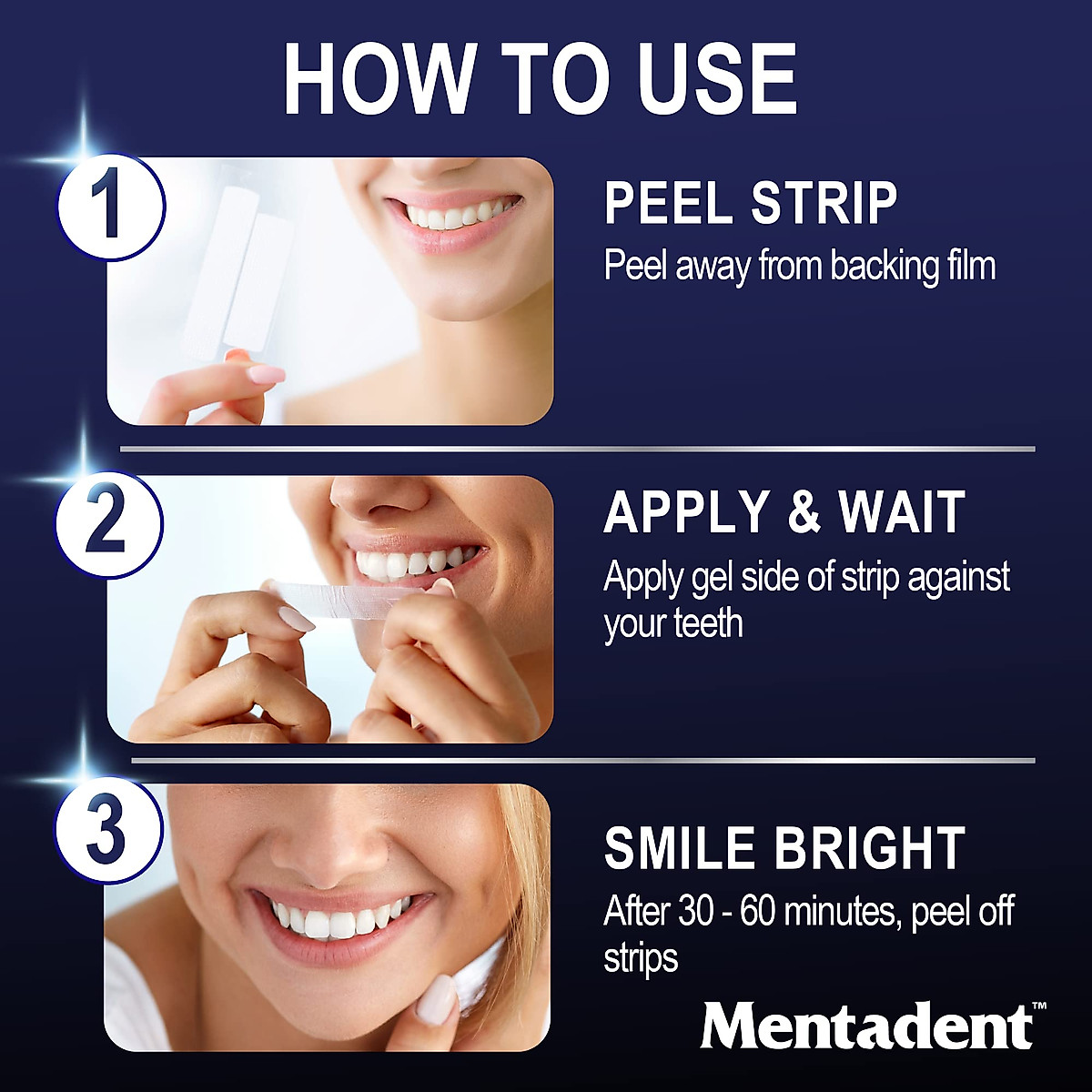 Mentadent Teeth Whitening Strips - 24 Strips (12 Day Treatment) with Coconut Oil for Sensitive Teeth & Gum, Enamel Safe, Non-slip Technology, Teeth Whitening for Stains of Coffee, Smoking, No Parabens
