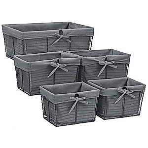 Sorbus Premium Basket Set with Cotton Fabric Liner - Multipurpose Versatile Stackable Baskets for Organizing - Rustic Farmhouse Open Home Storage Bins & Decorative Baskets for Shelves - 5 Pack | Gray
