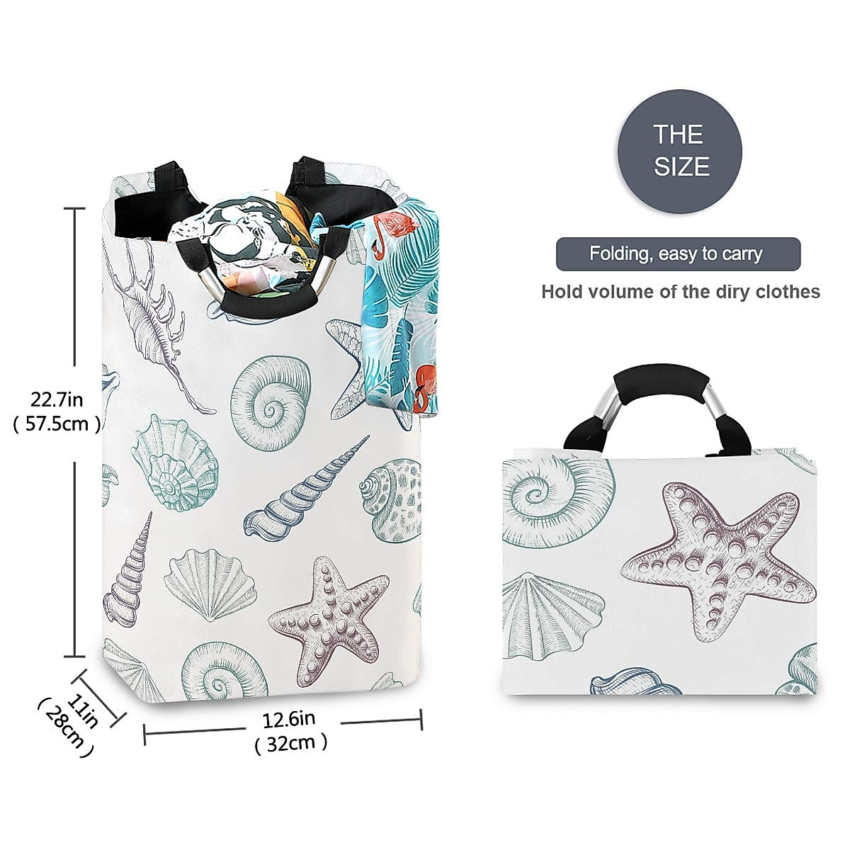 Shell Stars Coastal Starfish Seashell Large Laundry Basket Ocean Creature Collapsible Laundry Hamper with Handles Waterproof Clothes Washing Bin Dirty Baskets Storage for Home College Dorm