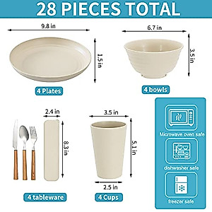 28pcs Wheat Straw Dinnerware Sets, Plates and Bowls Sets for 4, Large Plates, Bowls, Cups for Camping, Picnic Microwave Safe