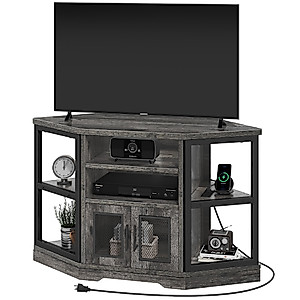 YITAHOME Corner TV Stand for TVs up to 55 Inch with Power Outlet, Modern Farmhouse Entertainment Center, Wood TV Media Console with Storage Cabinets Shelves for Living Room Bedroom, Gray Oak