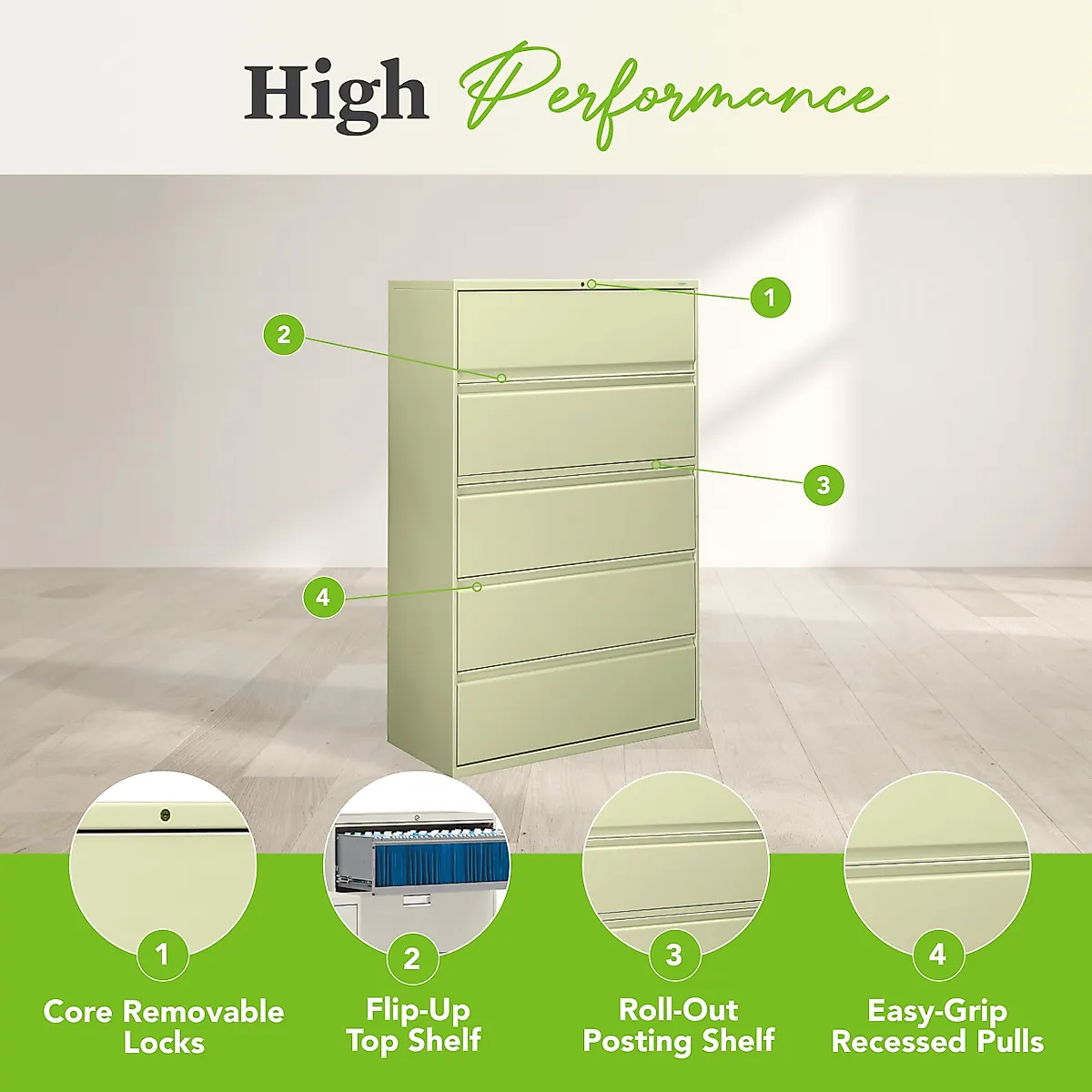 HON 5 Drawer File Cabinet with Lock - 800 Series Lateral Office Storage Cabinet Locking Metal Filing Cabinet with Drawers 42"W x 18"D - Adjustable Hangrails for A4, legal, Letter Files - Putty
