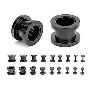 CABBE 18 pcs Ear Tunnels Kit 14G-00G Stainless Steel Screw Fit 9 Sizes Gauges Plugs Set Stretcher Expander Body Piercing Jewelry, Black