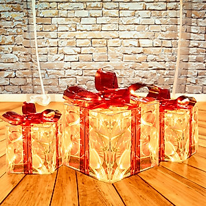 Hourleey Set of 3 Christmas Lighted Gift Boxes, Pre-lit 60 LED Light Up Present Boxes Ornament Decorations with Ribbons for Indoor Outdoor Xmas Tree Home Yard Lawn Decor, Warm White