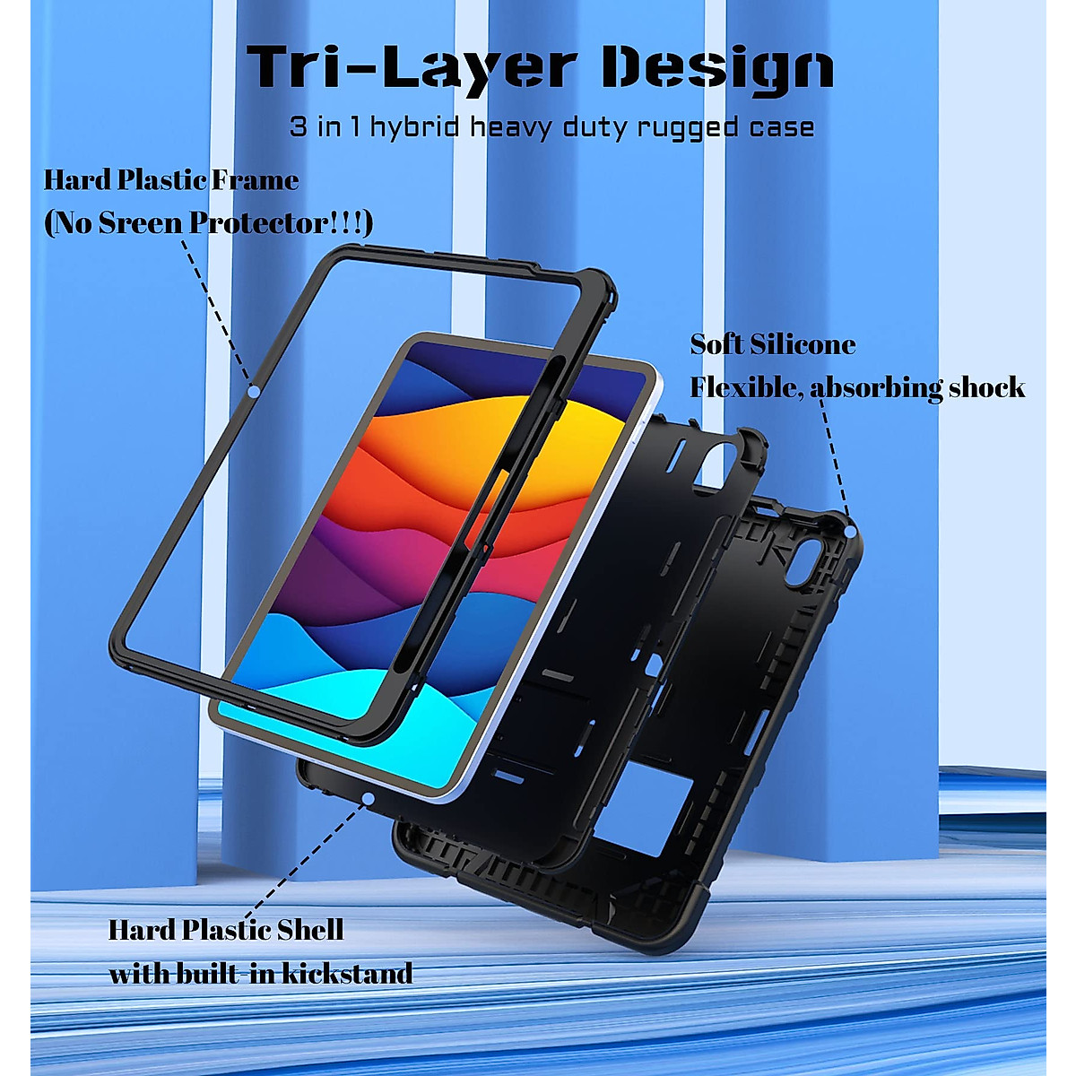 Rantice iPad 10th Generation Case 2022, 10.9 Inch iPad Case with Pencil Holder, iPad 10.9 Case with Kickstand, Hybrid Shockproof iPad 10th Gen Case for Kids Boys Girls Children, Black