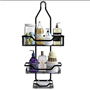 MLHpeak Shower Caddy Over Shower Head Rustproof Aluminum Large Hanging Shower Caddy with 12 Hooks for Razor/Sponge and Vacuum Suction Cups - Over The Shower Head Caddy with Soap Basket (Matte Black)