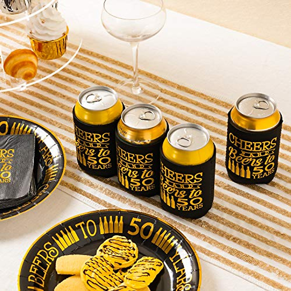 Crisky 50th Birthday Can Cooler, Black Gold Cheers to 50 Years Birthday Decoration Party Favor Can Covers, 12-Ounce Neoprene Coolers for Soda, Can Beverage, 12 Count