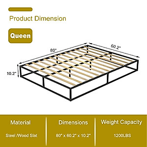 Mhjinuwet Queen Size Bed Frame, 10" Metal Platform with Wooden Slats, Easy Assembly, No Box Spring Needed